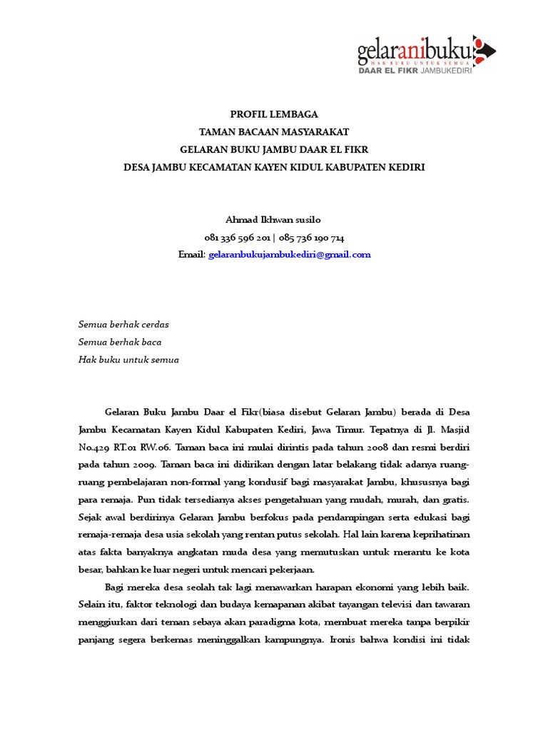 Profil Lembaga TBM Gelaran Buku Jambu Daar El Fikr | PDF