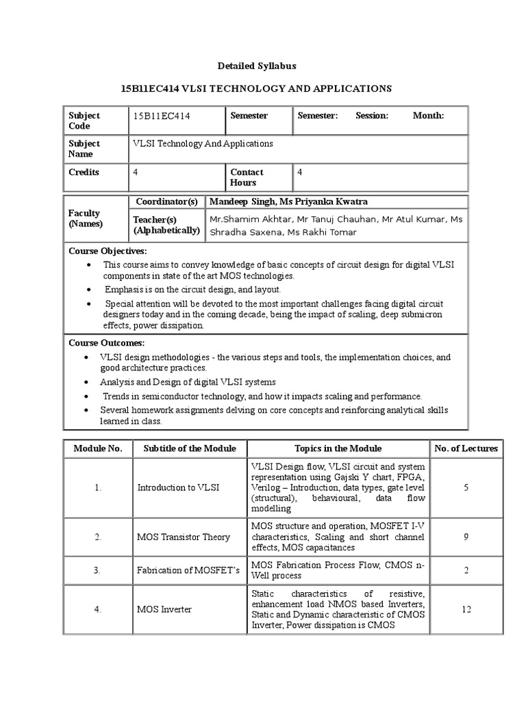 Detailed Syllabus 15B11Ec414 Vlsi Technology and Applications | PDF ...