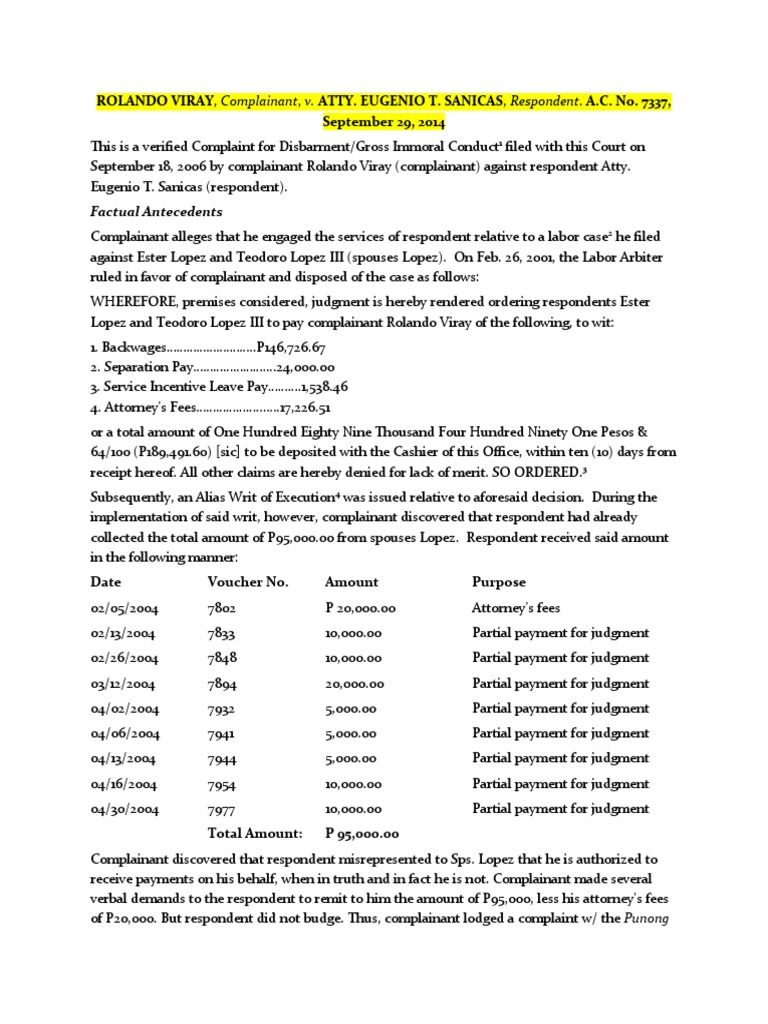 ROLANDO VIRAY, Complainant, v. ATTY. EUGENIO T. SANICAS, Respondent ...