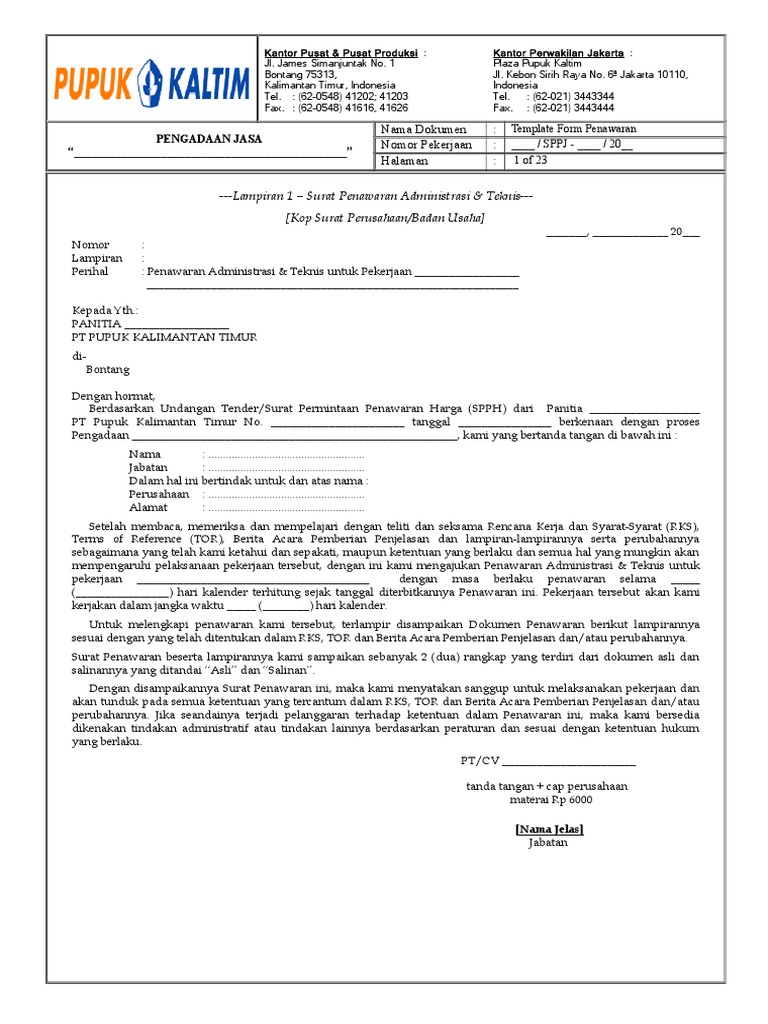 RFQ Id - XXX - Template Form Penawaran | PDF