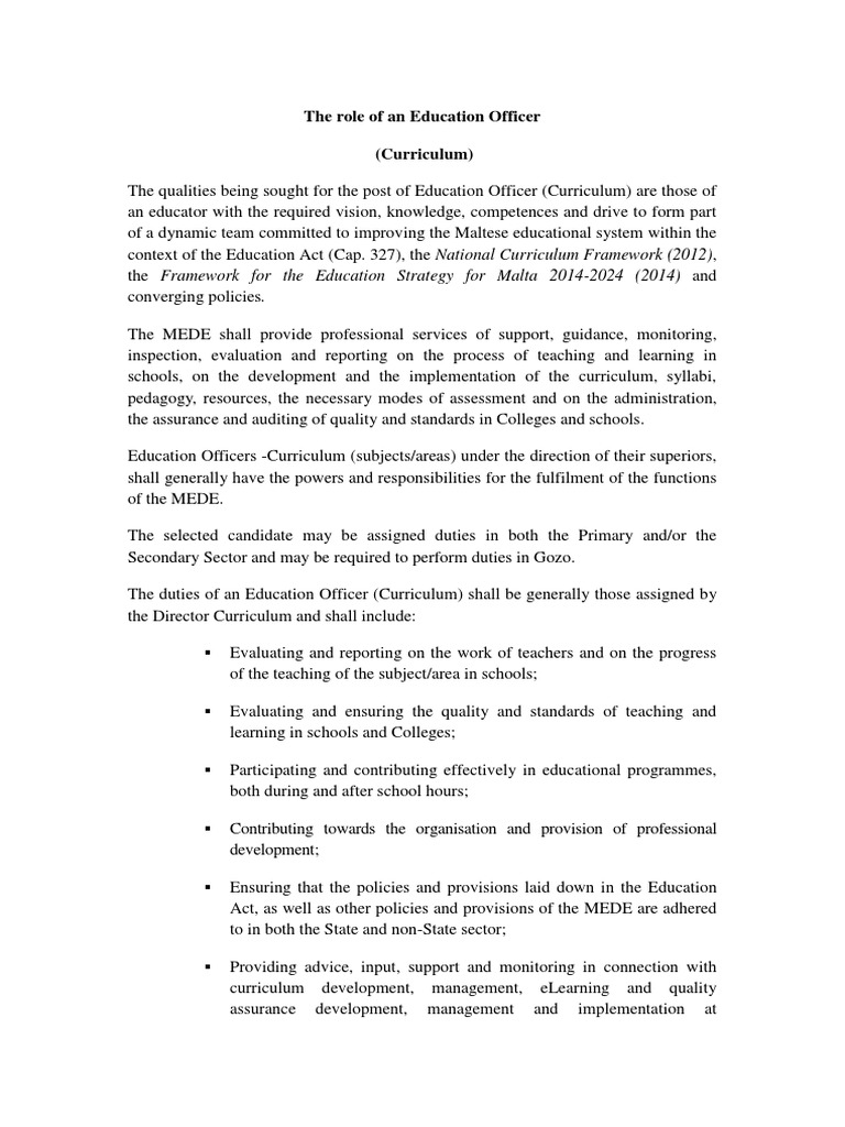 Education Officer (Curriculum) Duties | PDF | Curriculum | Evaluation