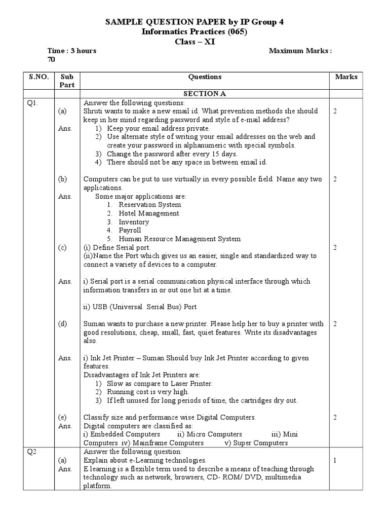 Sample Question Paper - Answer | PDF | Printer (Computing) | Computer Data