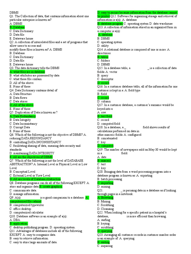 600 DBMS MCQs | PDF | Relational Database | Databases