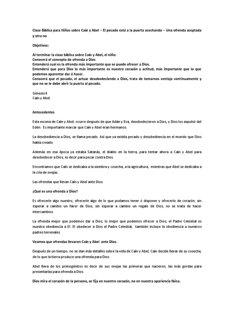 Clase Bíblica para Niños Sobre Caín y Abel | PDF | Caín y Abel ...
