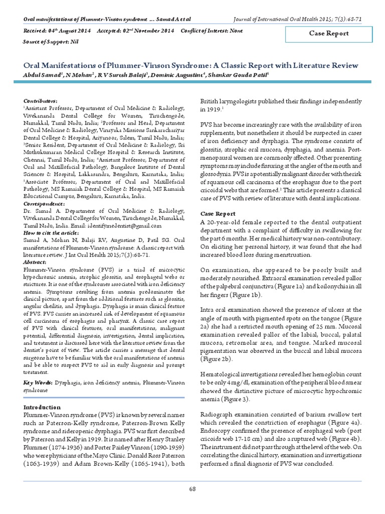 Oral Manifestations of Plummer-Vinson Syndrome A Classic Report With ...