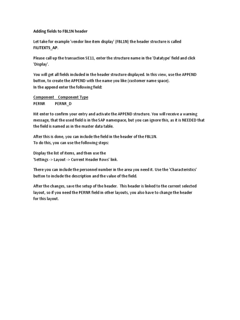 SAP - Adding Fields To FBL1N Header | PDF
