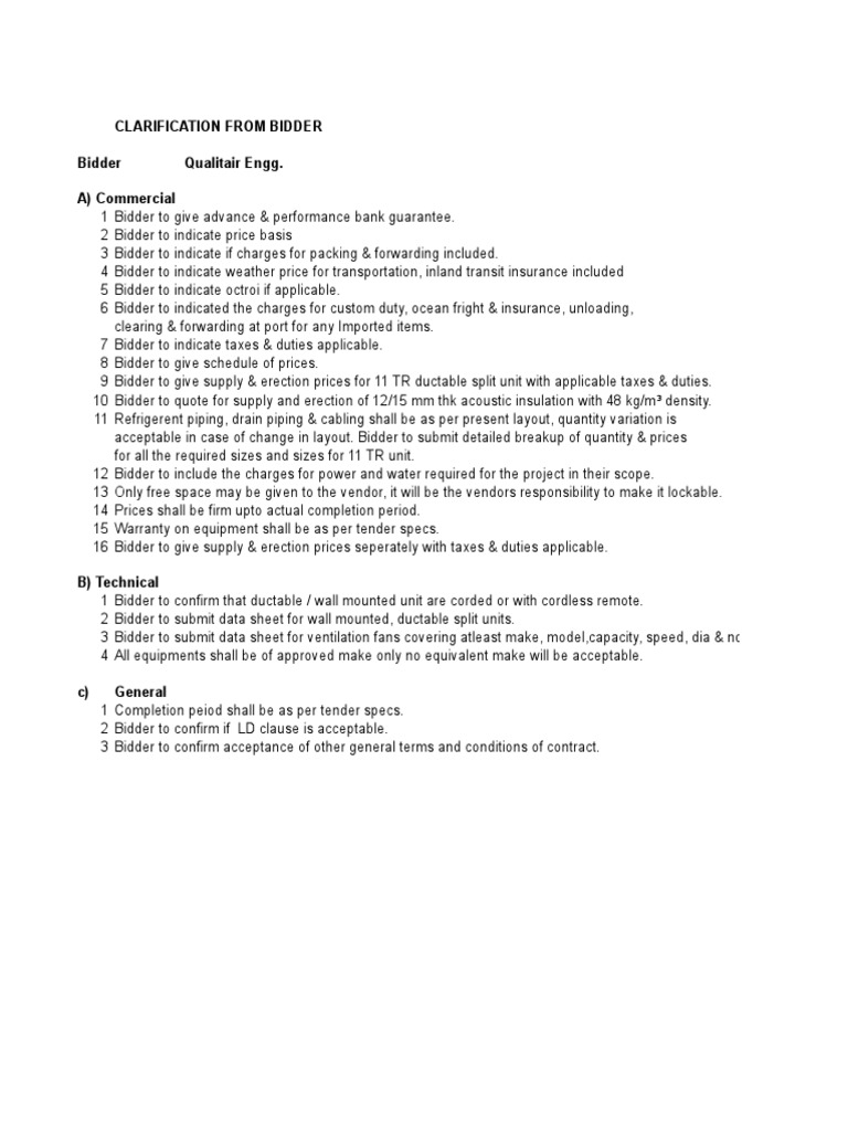 Bidder Clarification for HVAC Supply | PDF