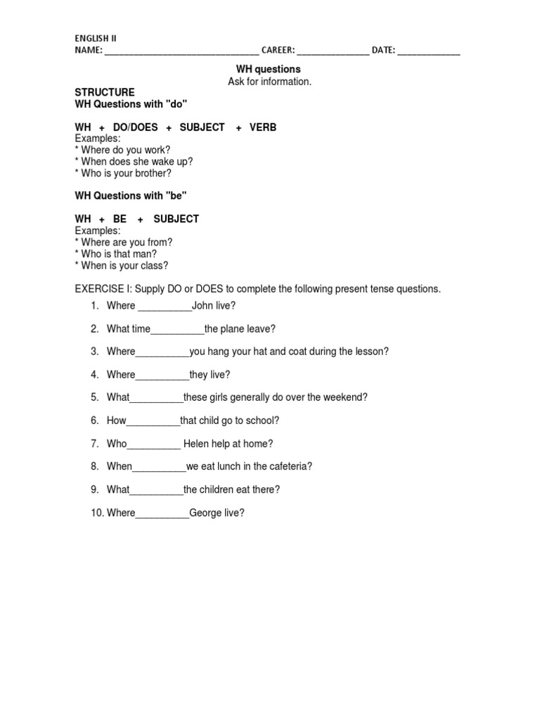 WH Questions Structure WH Questions With "Do" WH + Do/Does + Subject ...