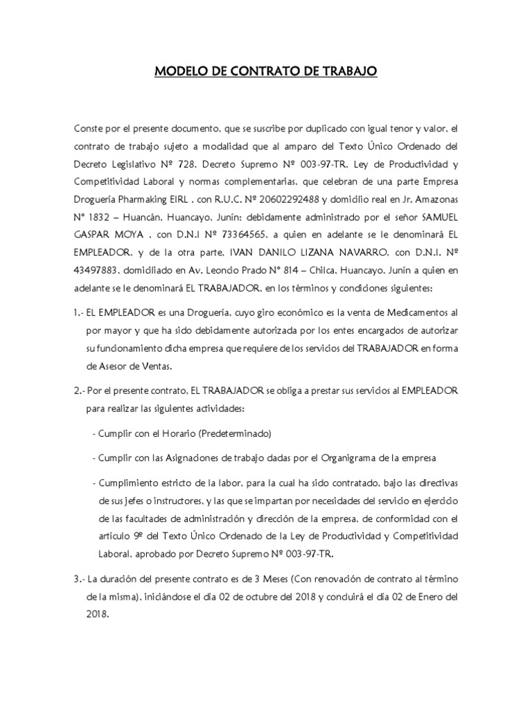 Modelo de Contrato de Trabajo | PDF | Derecho laboral | Información del ...