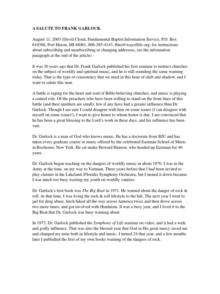 A Salute To Frank Garlock | PDF | Protestantism | Christian Fundamentalism