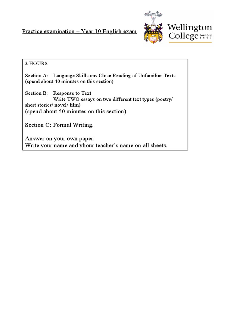 Year 10 Practice Examination. | PDF | Essays | Test (Assessment)