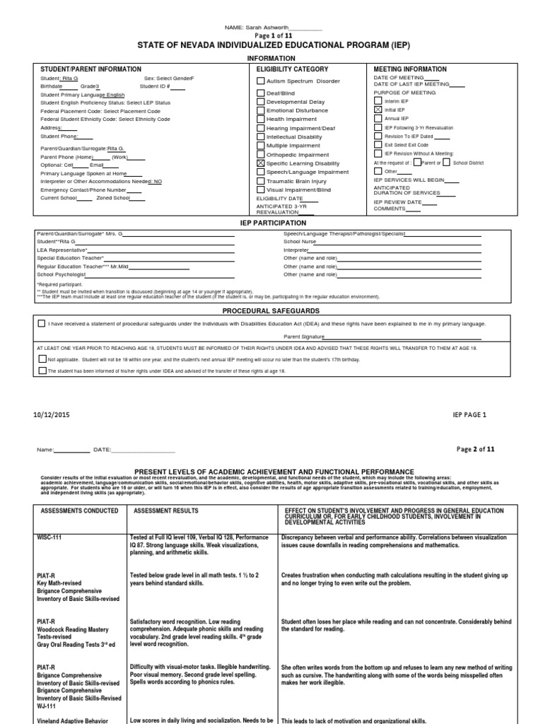 Nevada Iep Form | PDF | Individualized Education Program | Special ...