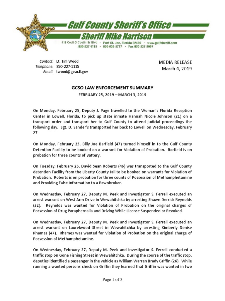 Gcso Law Enforcement Summary: Media Release March 4, 2019 | PDF ...