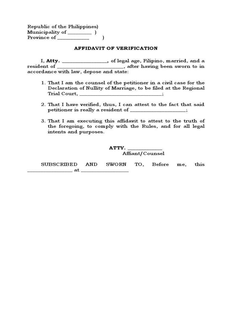 Affidavit of Verification For Nullity Case | PDF