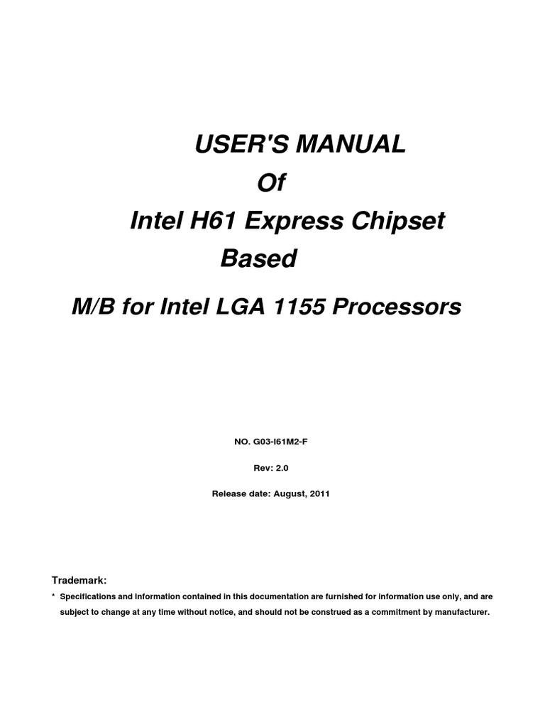 User'S Manual of Intel H61 Express Chipset Based: M/B For Intel LGA ...
