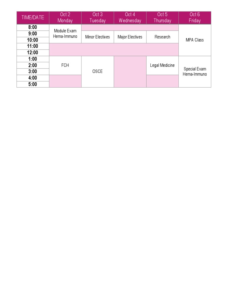 Weekly Schedule for Medical Student Showing Mix of Exams, Classes, and ...