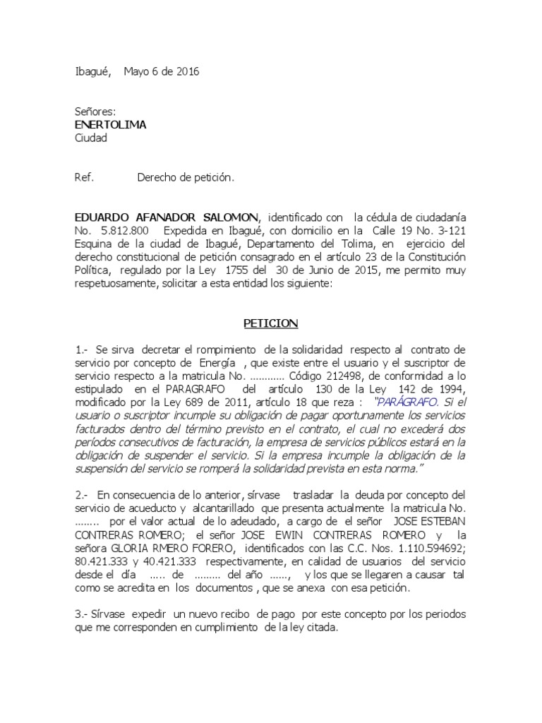 Derecho de Peticion Rompimiento de Solidaridad Enertolima Eduardo ...