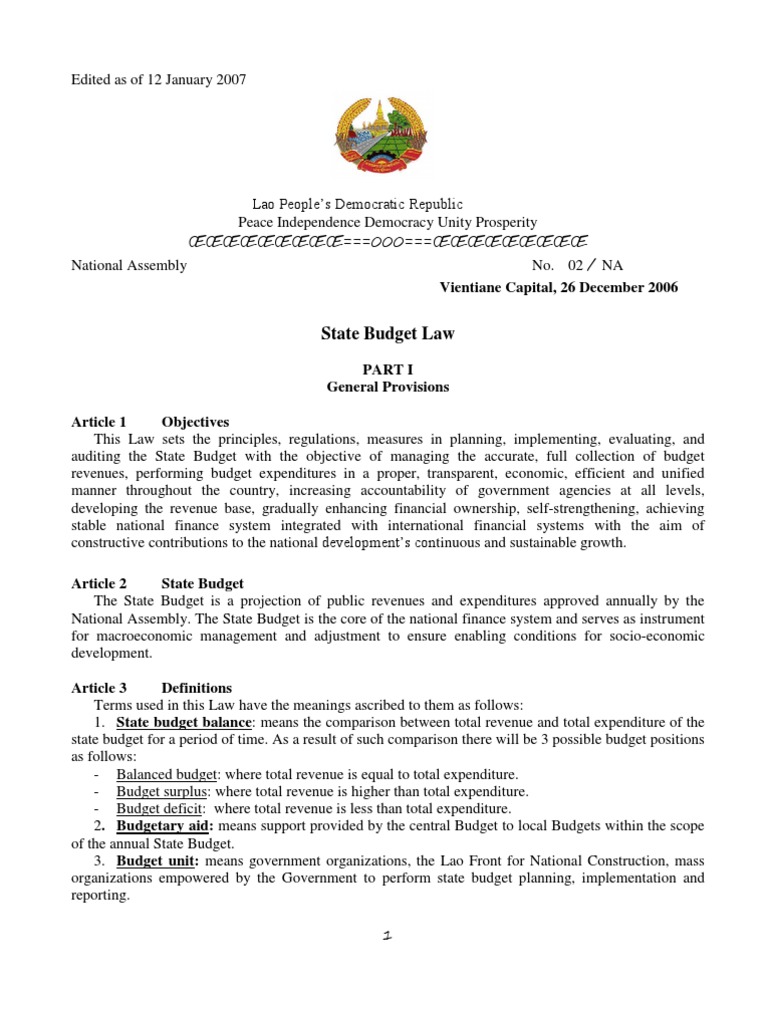 Lao PDR Budget Law Eng - Revised | PDF | Government Budget Balance | Budget