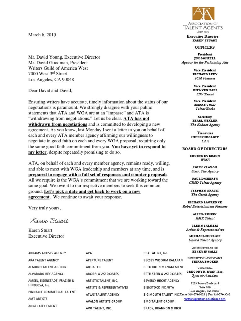 ATA Letter To WGA 3-6-19 PDF | PDF | Entertainment Companies | Cultural ...
