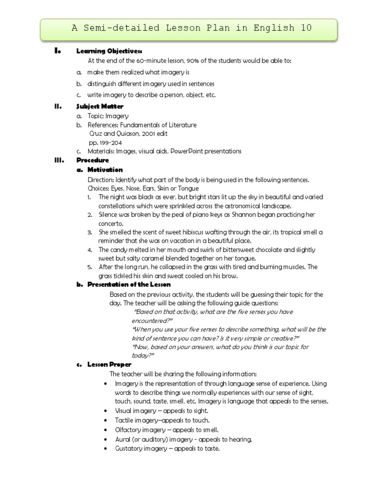 Semi-Detailed Lesson Plan in English 10 | PDF | Senses | Taste