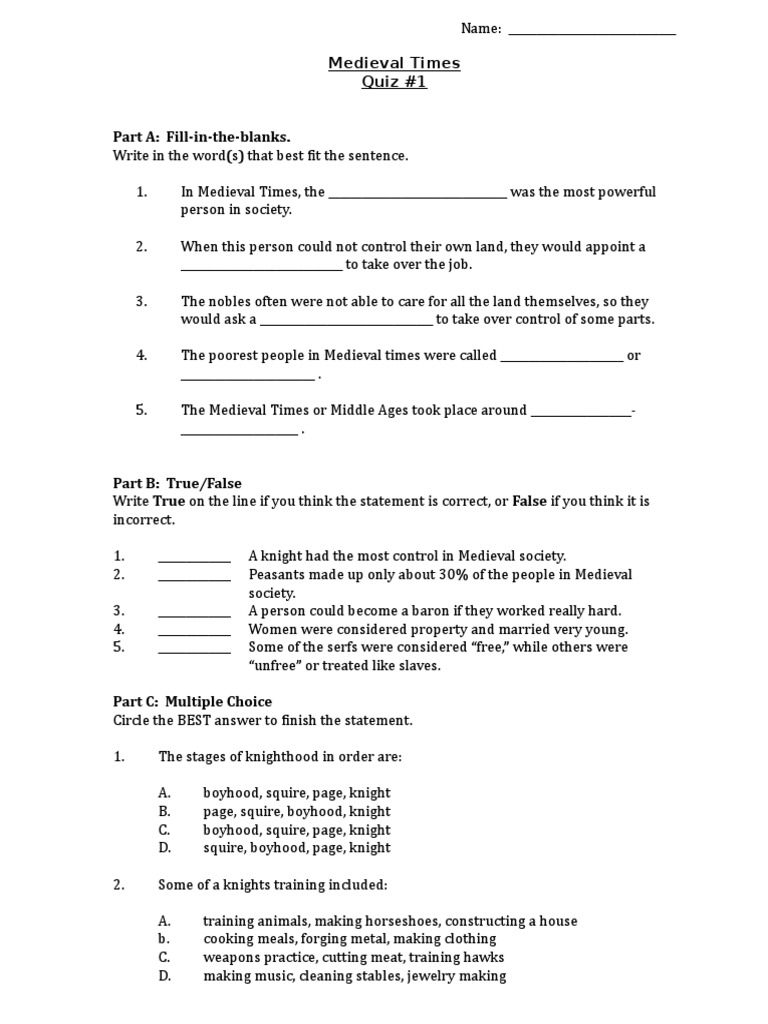Medieval Times Quiz: Fill-in & T/F | PDF | History