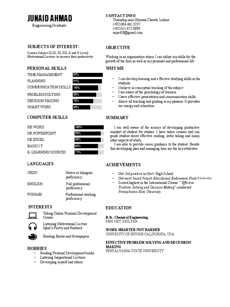 CV, Junaid Ahmad | PDF | Neuropsychological Assessment | Human ...