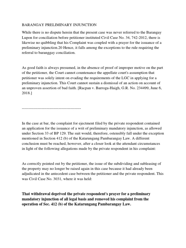 Barangay Preliminary Injunction | PDF | Certiorari | Lawsuit