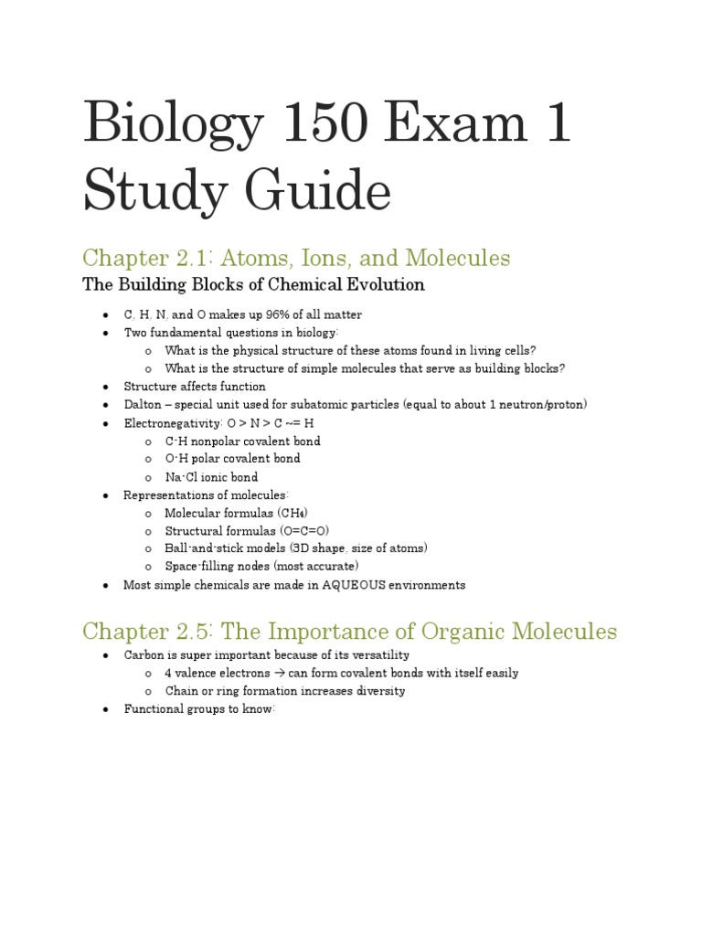 Biology 150 Exam 1 Study Guide | PDF | Enzyme | Chemical Reactions