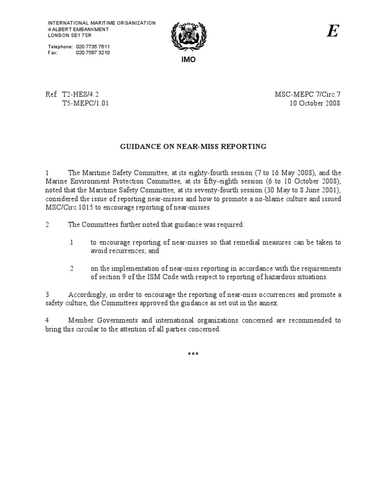 IMO Guidance - Near-Misses - MSC-MEPC.7 | PDF | Causality | Data Analysis