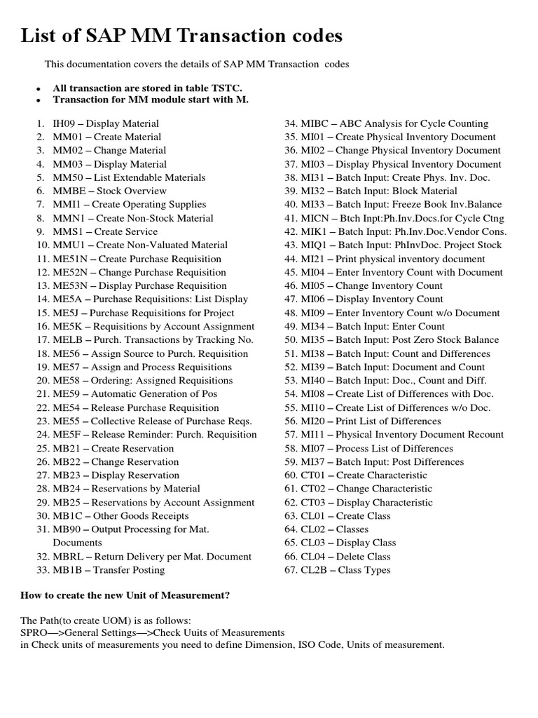 List of SAP MM Transaction Codes | PDF | Sap Se | Computing