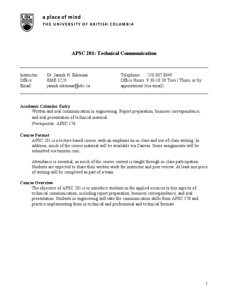 2018-19 APSC 201 Course Outline | PDF | Technical Communication | Résumé