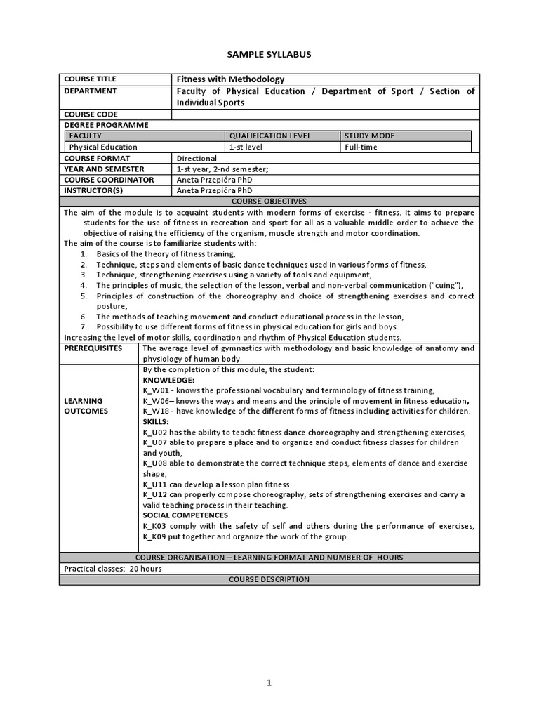Sample Syllabus: Faculty of Physical Education / Department of Sport ...