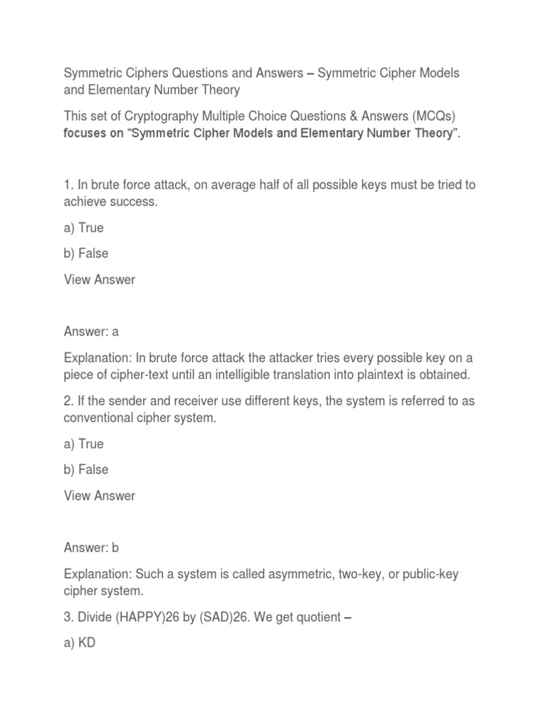 Symmetric Ciphers Questions and Answers | PDF | Cryptography | Cipher
