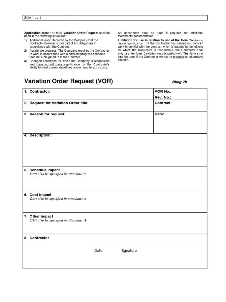 Variation Order Request (VOR) : Side 1 Av 1 | PDF | Finance & Money ...