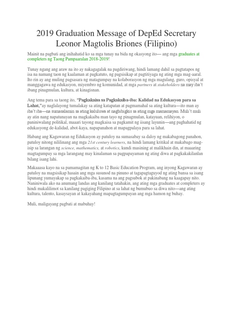 2019 Graduation Message of DepEd Secretary Leonor Magtolis Briones | PDF