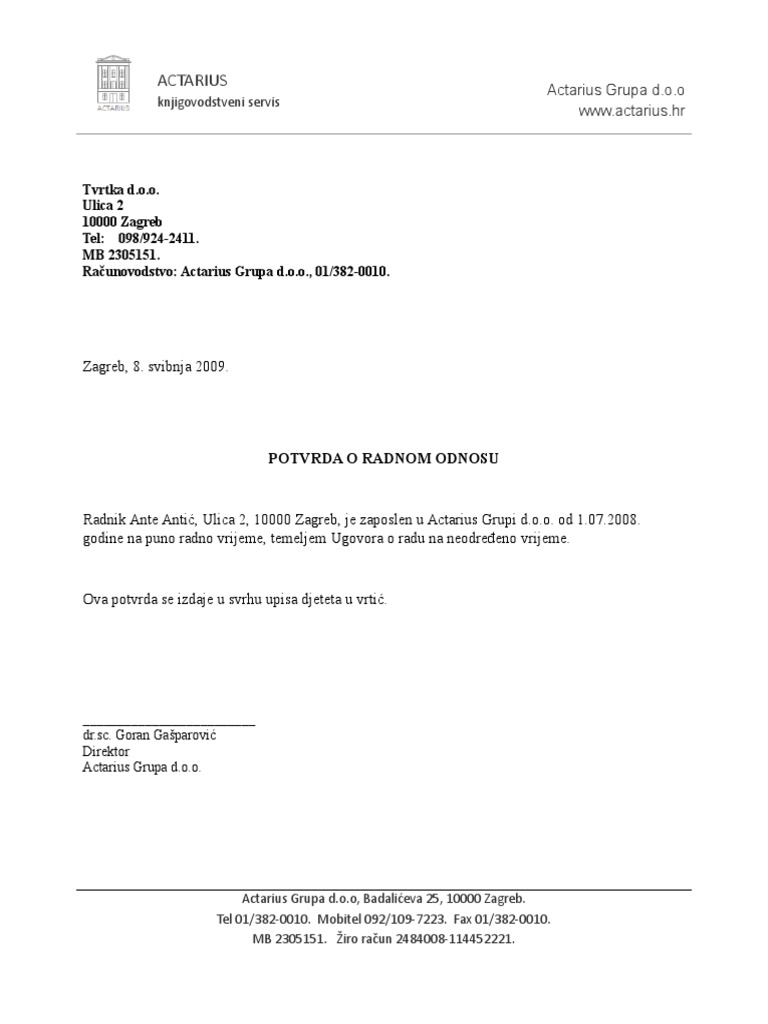 Potvrda o Radnom Odnosu | PDF