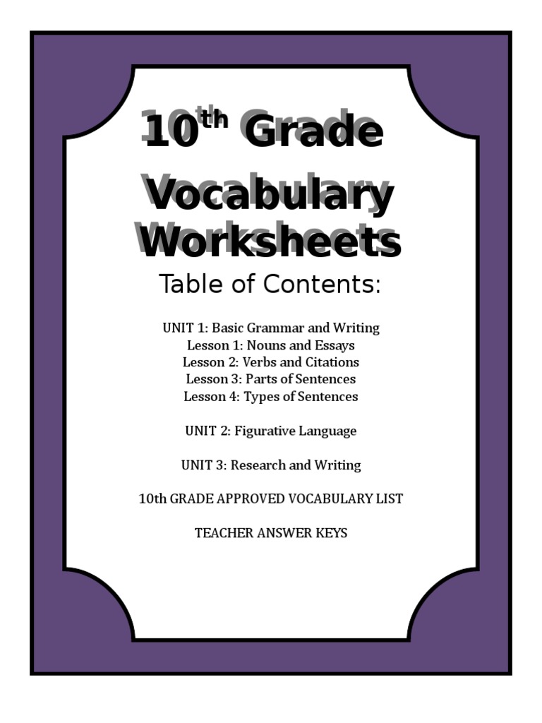 10 TH Grade Vocabulary Worksheets Sample | PDF | Sentence (Linguistics ...