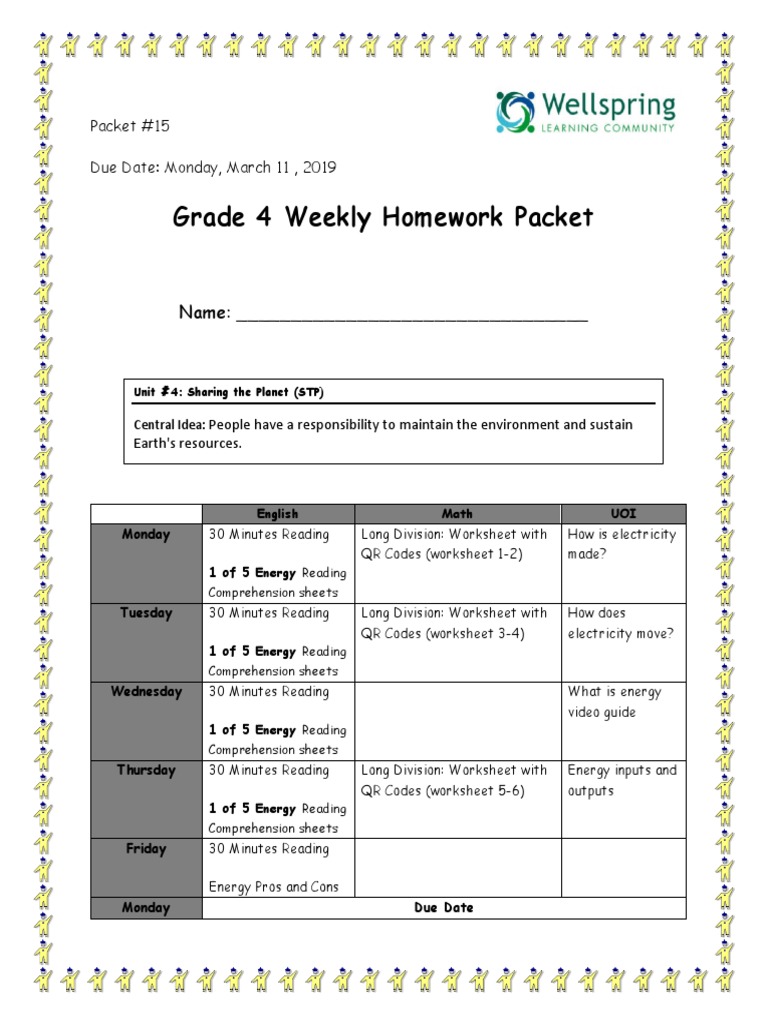 Grade 4 Weekly Homework Packet: Name | PDF