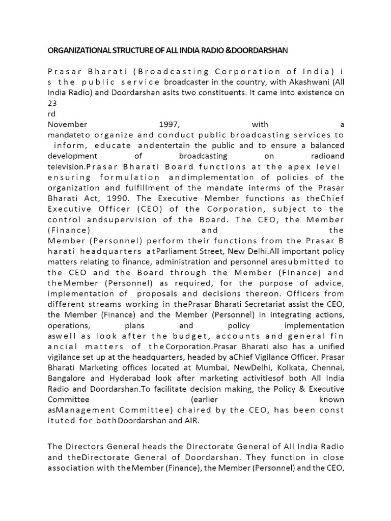Organizational Structure of All India Radio &doordarshan | PDF