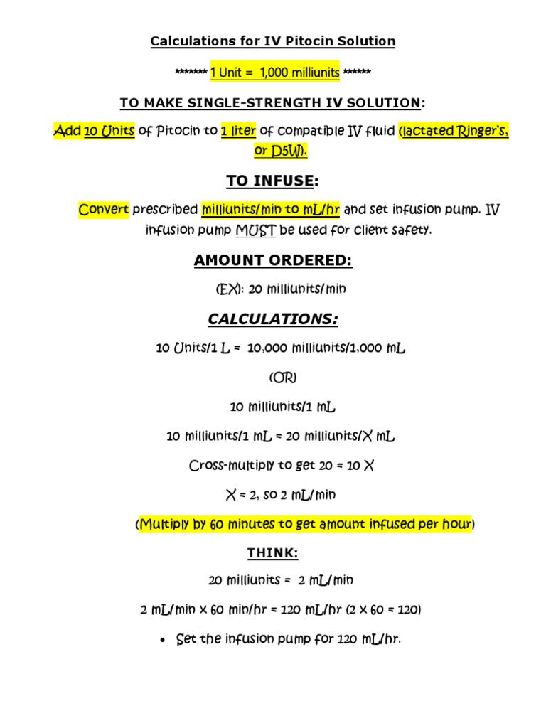 Calculations For IV Pitocin Solution | PDF
