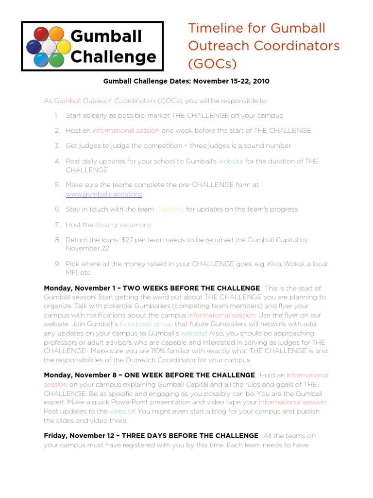 Gumball Challenge Timeline (GOC) | PDF | Facebook | Business