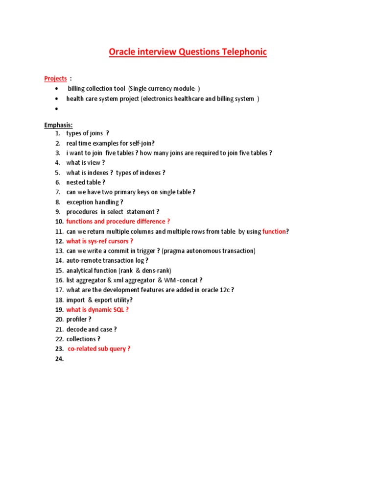 Oracle Interview Questions Telephonic: Projects | PDF
