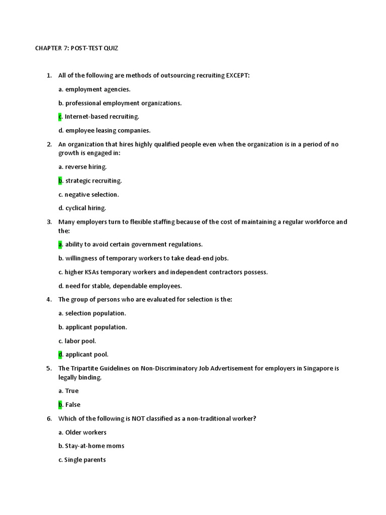 Chapter 7 Post-Test Quiz | PDF | Temporary Work | Recruitment
