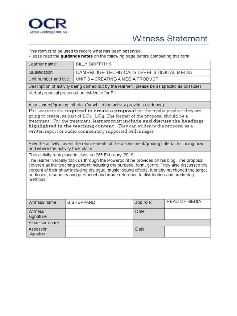 Witness Statement for Media Proposal P1 | PDF | Witness | Behavior ...