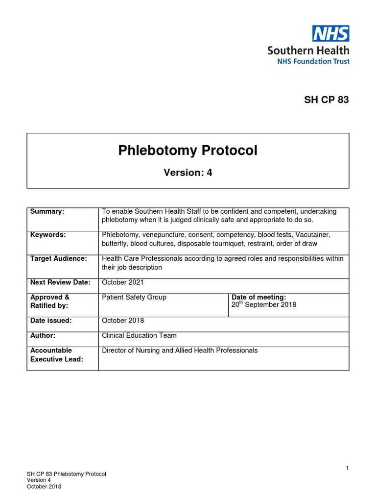 Phlebotomy Protocol V4 | PDF | Intravenous Therapy | Health Care