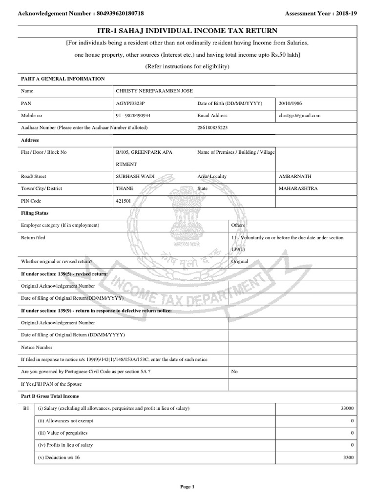 Itr-1 Sahaj Individual Income Tax Return: Acknowledgement Number ...