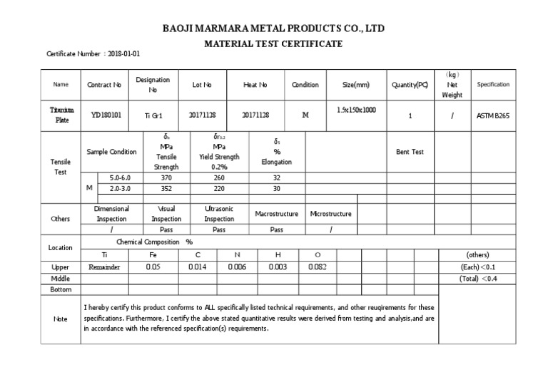 Titanium Material Test Certificate | PDF | Titanium | Ultimate Tensile ...