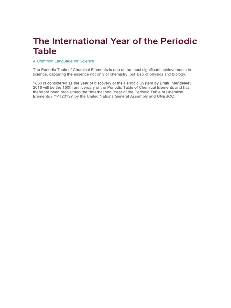 International Year of the Periodic Table | PDF | Periodic Table ...