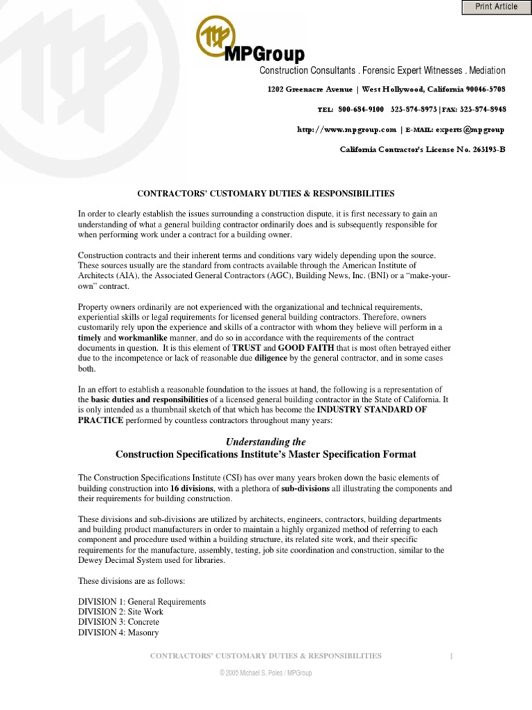 Contractors Customary Duties Responsibilities | PDF | General ...