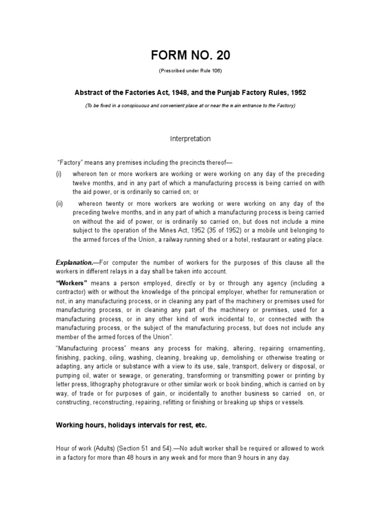 Form No. 20: Abstract of The Factories Act, 1948, and The Punjab ...